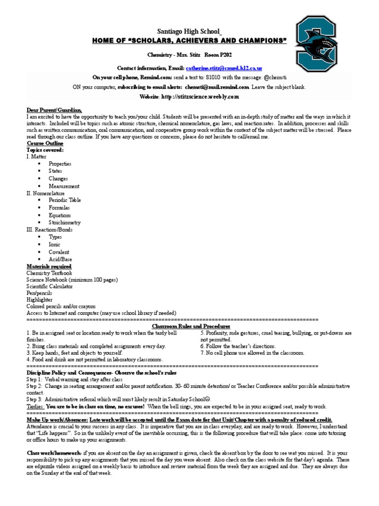 Cs Chemistrysyllabus 20162017 | PDF | Homework | Test (Assessment)