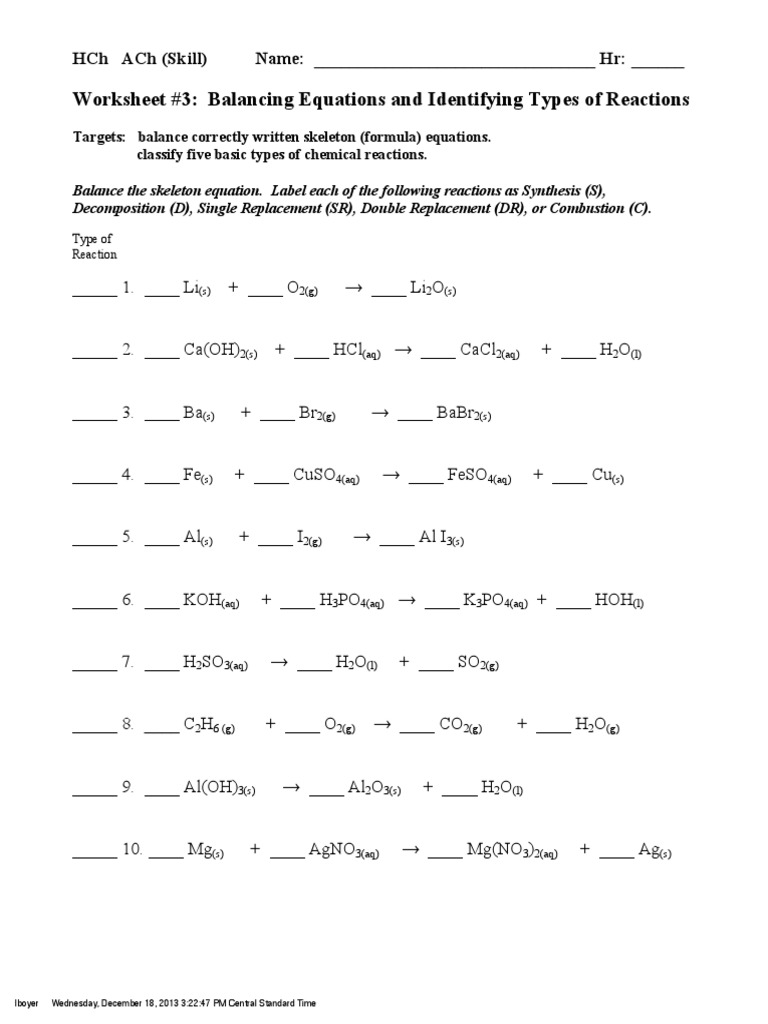 6 03 HW Worksheet 3 Types of Rxns | PDF