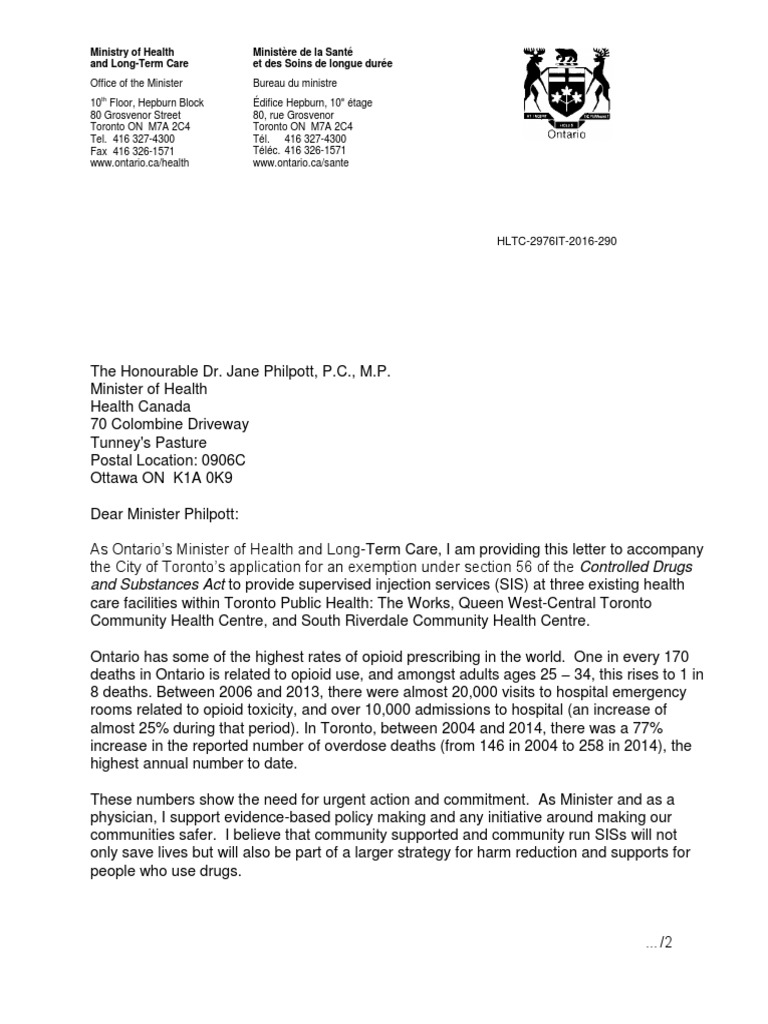 Toronto Safe Injection Sites Letter | PDF | Opioid | Medical Prescription