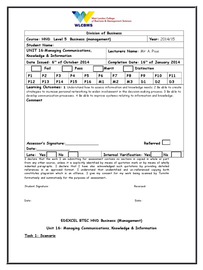 Unit 16 Managing Communications Knowledge Information | PDF | Strategic Management | Information