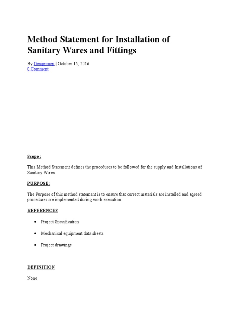 Method Statement For Installation of Sanitary Wares and Fittings | PDF | Sink | Countertop