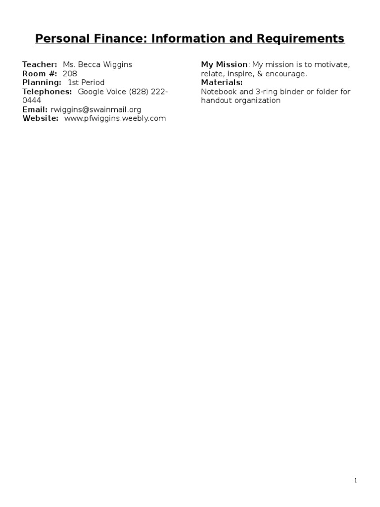 Personal Finance Overview and Syllabus | PDF | Personal Finance | Test ...