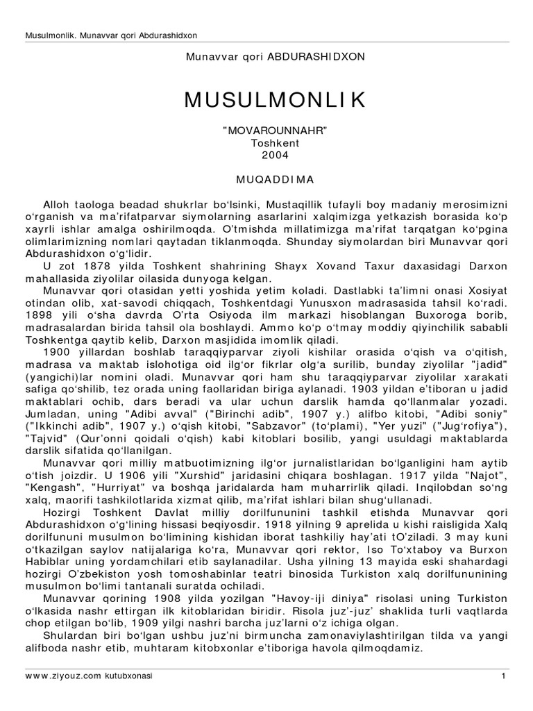 Munavvar Qori Abdurashidxonov. Musulmonlik | PDF