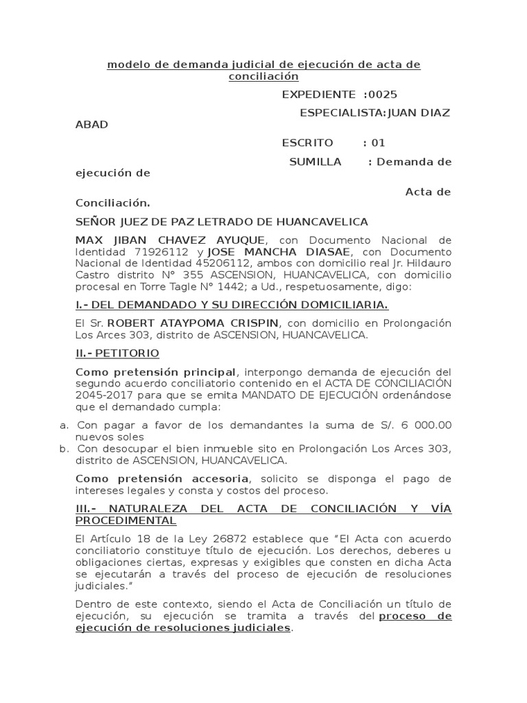 Modelo de Demanda Judicial de Ejecución de Acta de Conciliación (1) | Pena capital | Demanda ...