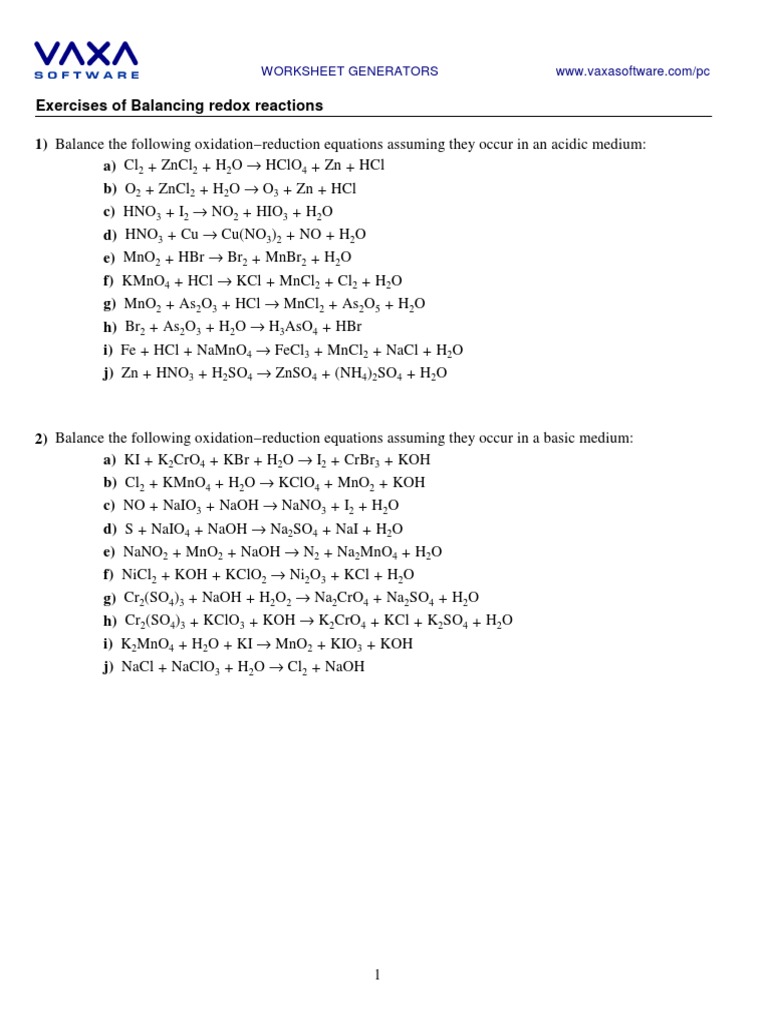 Balancing Redox Reactions Worksheet | PDF
