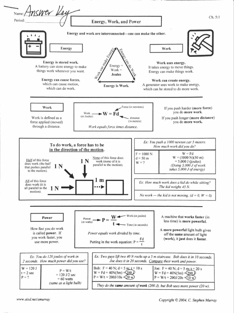 Energy Work Power Worksheet Answer Key | PDF