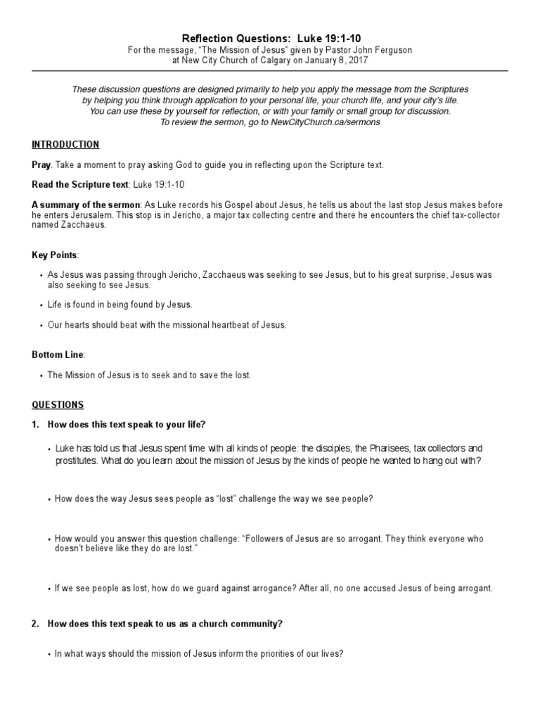 Reflection Questions: "The Mission of Jesus" (Luke 19:1-10) | Gospel Of ...