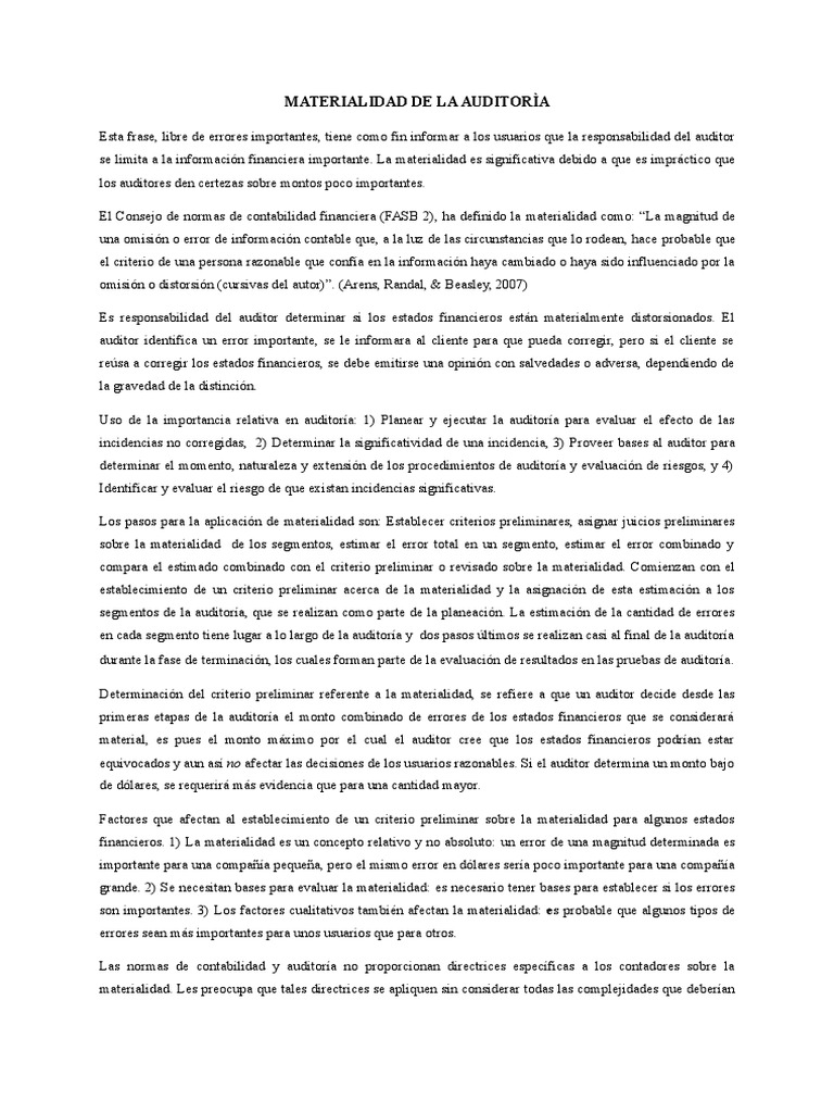 Materialidad de La Auditoria | PDF | Auditoría financiera | Contralor