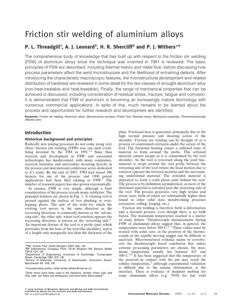 FSW of Aluminium Alloys | PDF | Welding | Construction