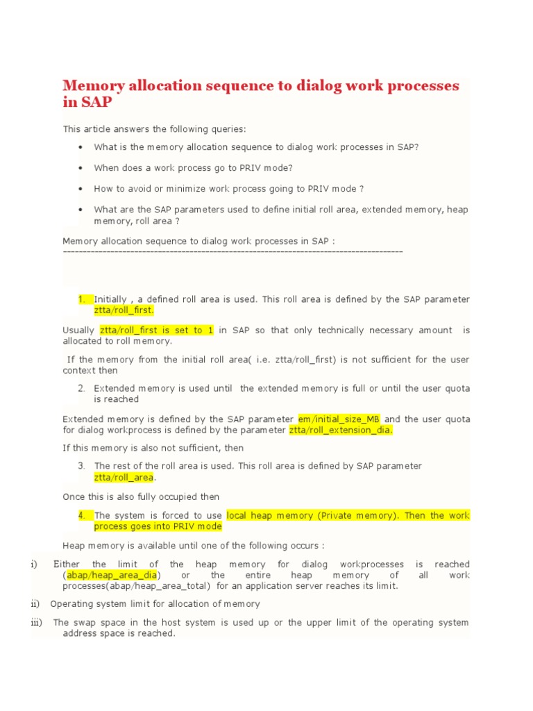 Dialog Work Process Memory Allocation in SAP | PDF | Operating System ...
