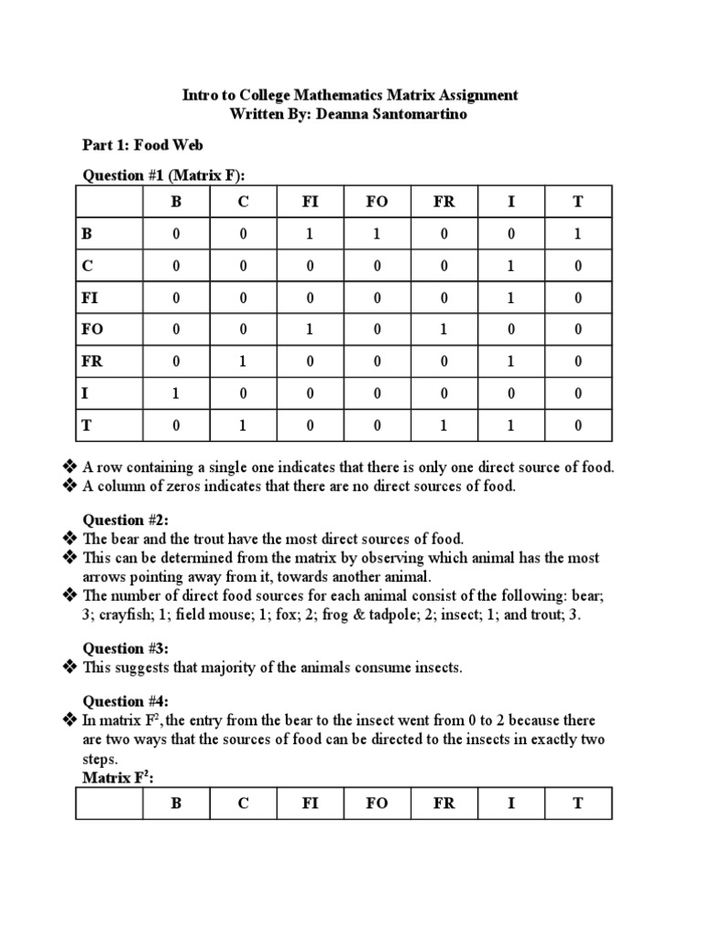 Introtocollegemathematicsmatrixassignment | PDF | Frog | Matrix Theory