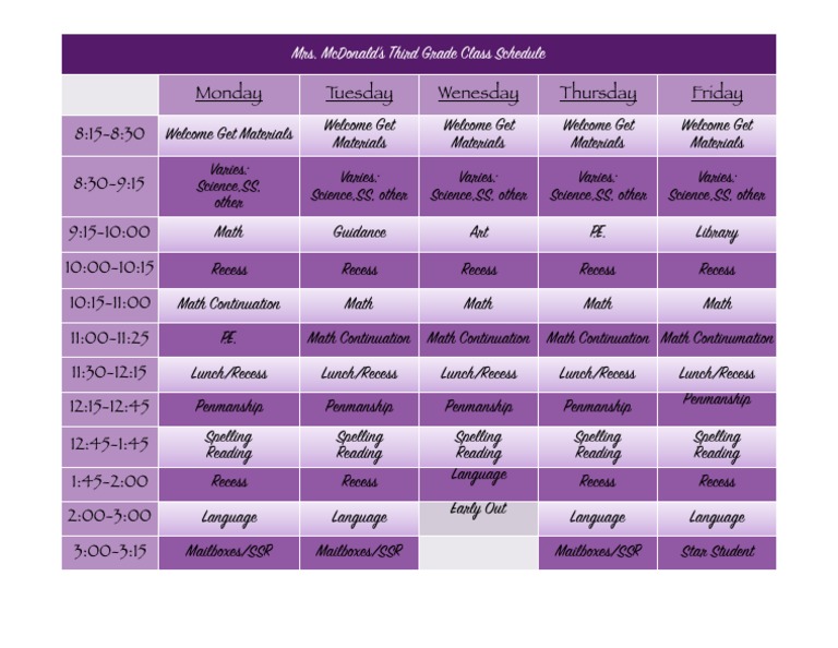 Third Grade Schedule 1 | PDF | Language Arts & Discipline