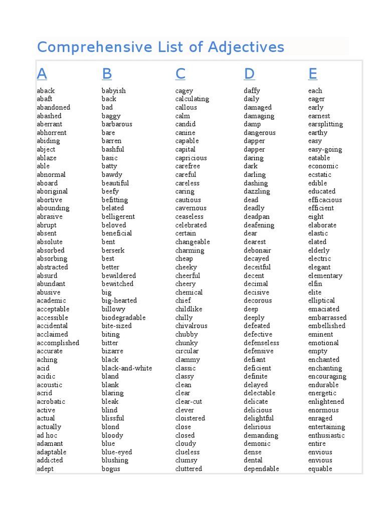 Extensive Adjective List A-Z | PDF | Nature