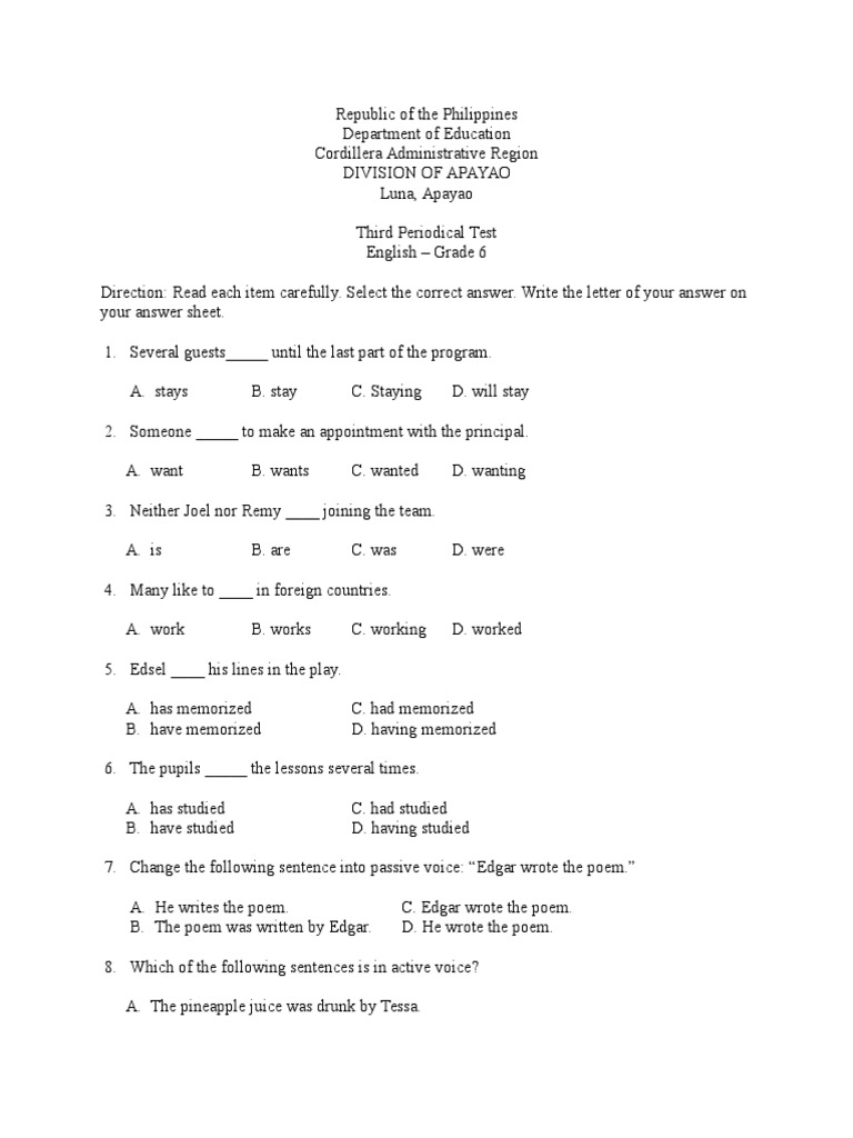 Grade 6 English Third Periodical Test | PDF