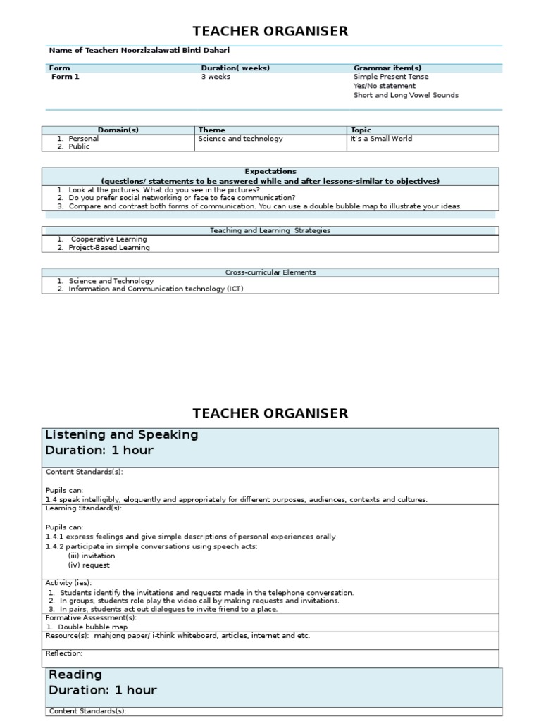 Teacher Organiser: A Comprehensive Lesson Plan for Form 1 Students on ...
