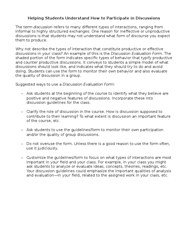 Discussion Evaluation Form 1 | PDF | Reason | Evaluation