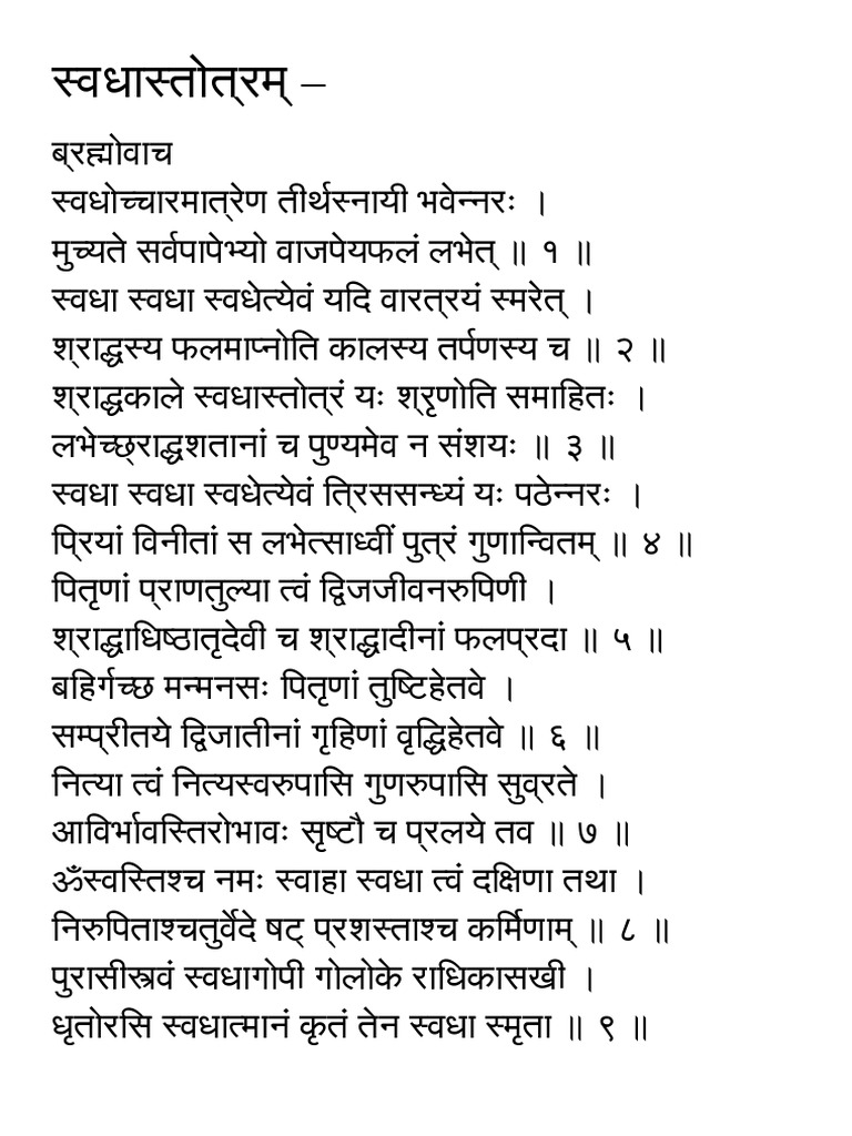 Swadha Stotra - Pitru Pitar Shraddha Time To Chant | PDF