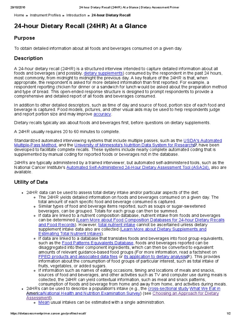 24-Hour Dietary Recall (24HR) at A Glance - Dietary Assessment Primer | PDF | Diet (Nutrition ...