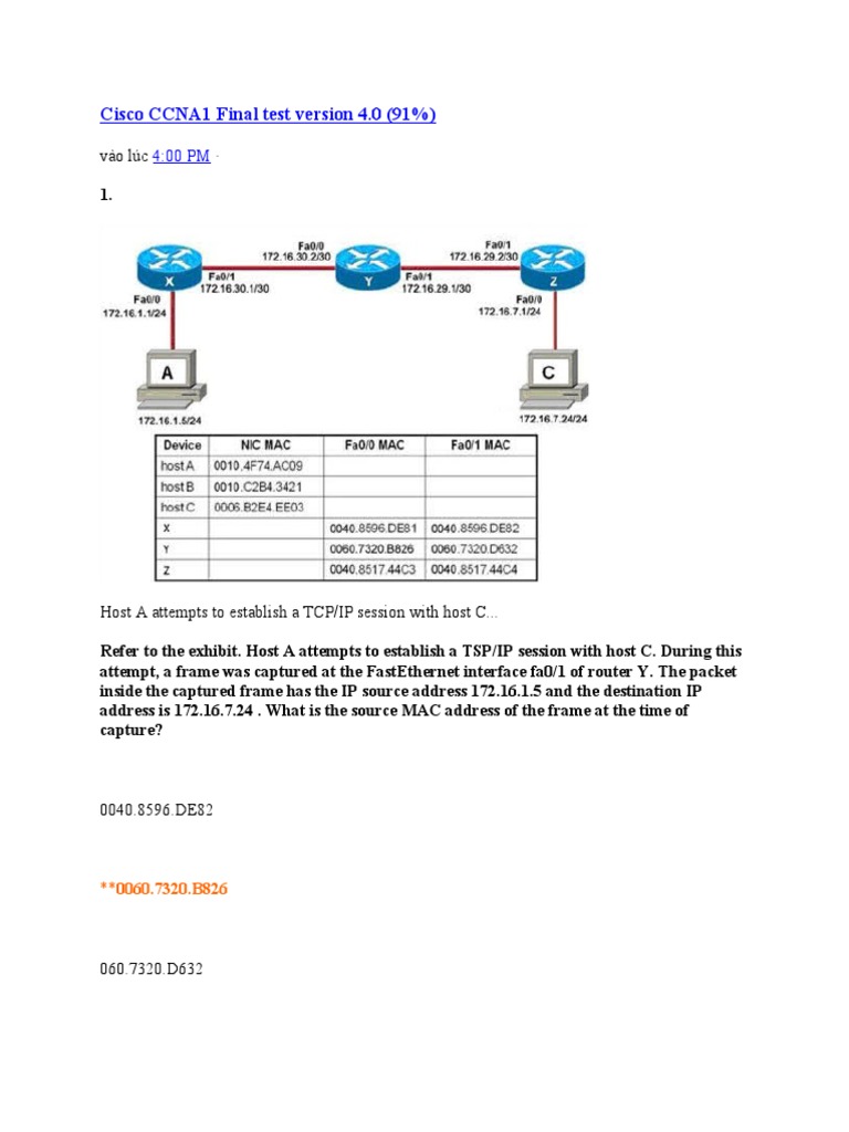 Cisco CCNA1 Final Test Version 4 JUNE 2009 | PDF | Ip Address ...