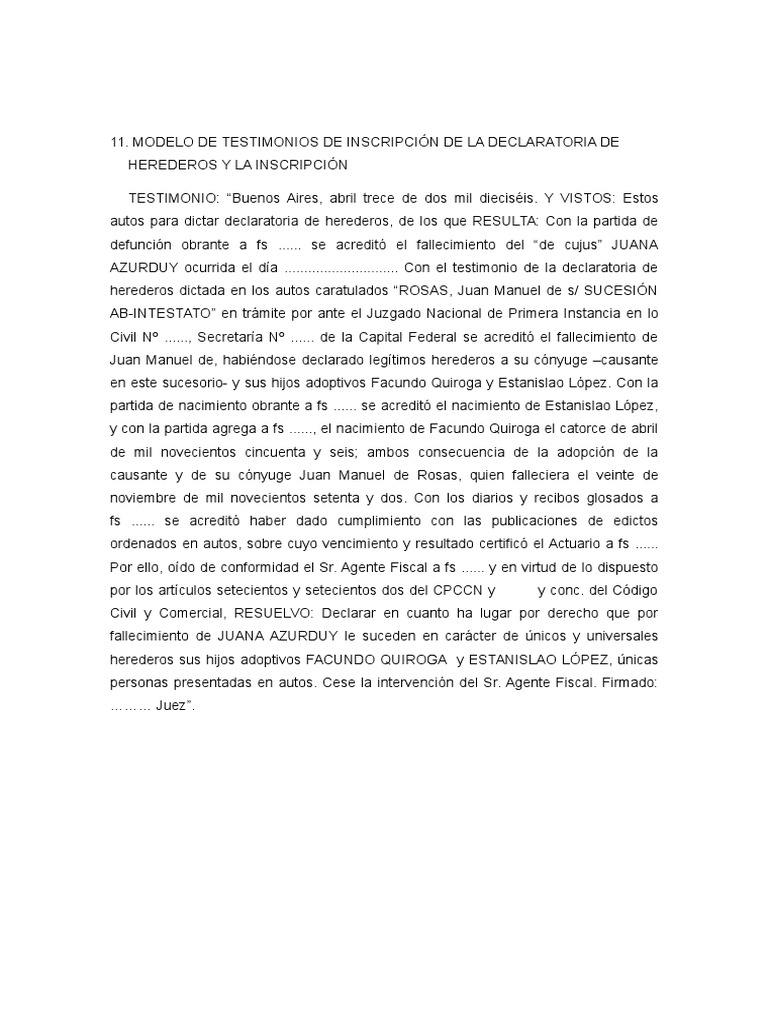 11. Modelo de Testimonios de Inscripción de La Declaratoria de ...