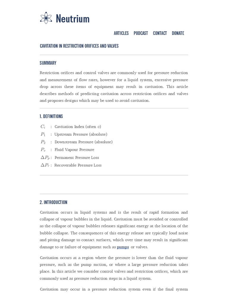 Cavitation in Restriction Orifices and Valves - Neutrium | PDF | Valve | Pressure