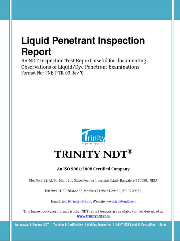 Liquid Dye Penetrant Inspection NDT Sample Test Report Format PDF | PDF ...