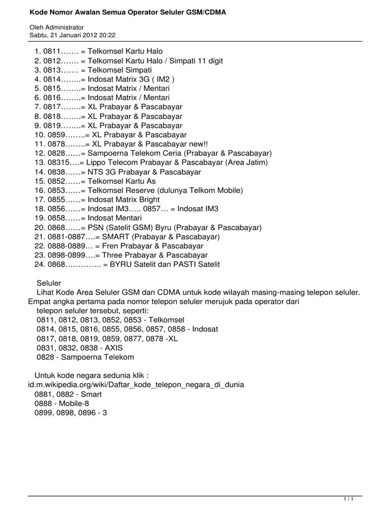 Kode Nomor Awalan Semua Operator Seluler Gsmcdma | PDF