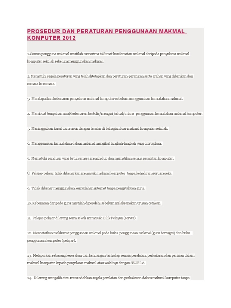 Prosedur Dan Peraturan Penggunaan Makmal Komputer 2012 | PDF