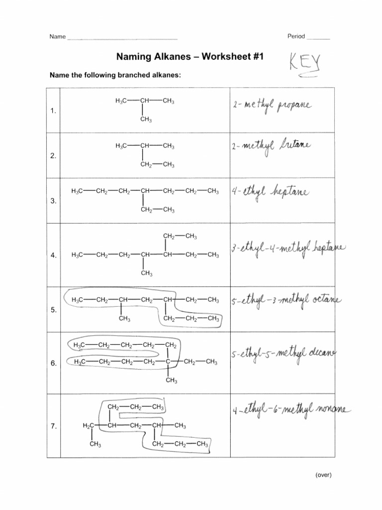 Naming and Drawing Branched Alkanes: A Worksheet for Identifying ...