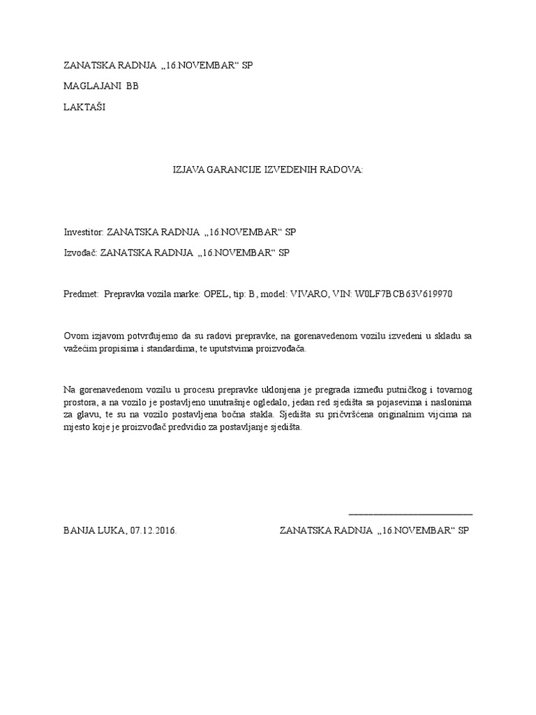 Izjava Za Atest | PDF