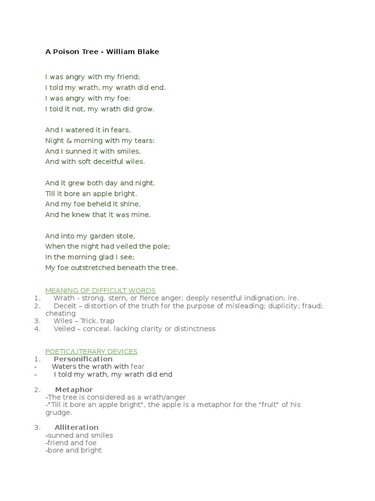 A Poison Tree Notes | PDF | Anger | William Blake