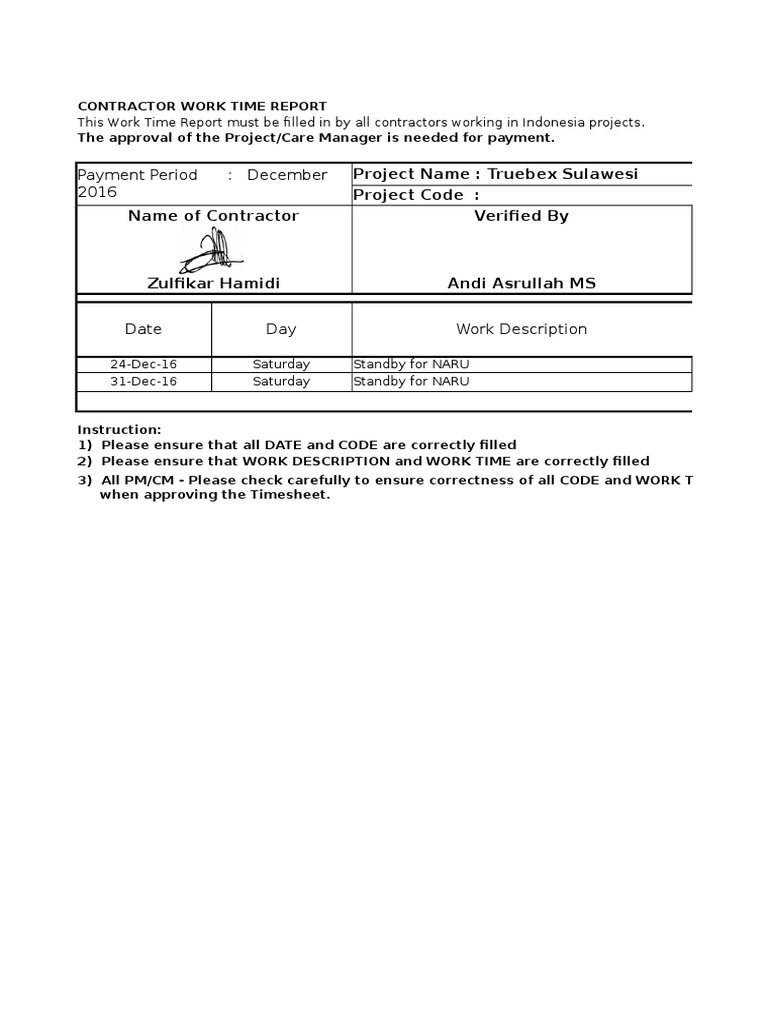 Contractor Work Time Report Indonesia | PDF