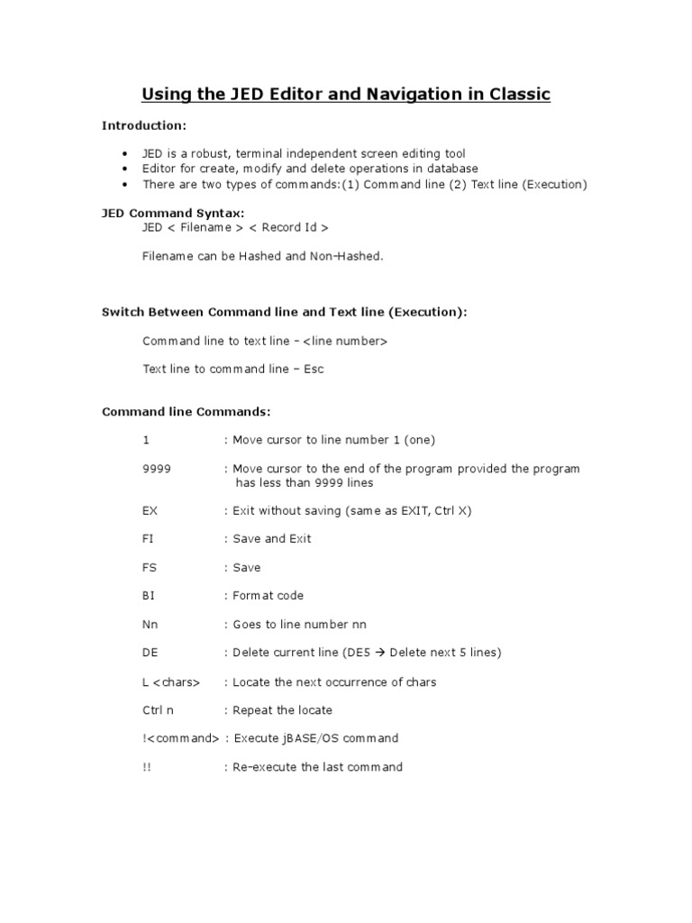 Using JED Editor Commands for Database Operations in Classic jBASE | PDF