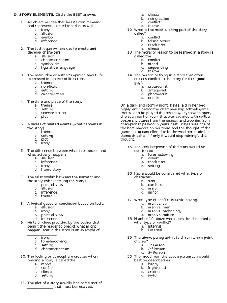 Story Element Quiz | PDF | Irony | Narration