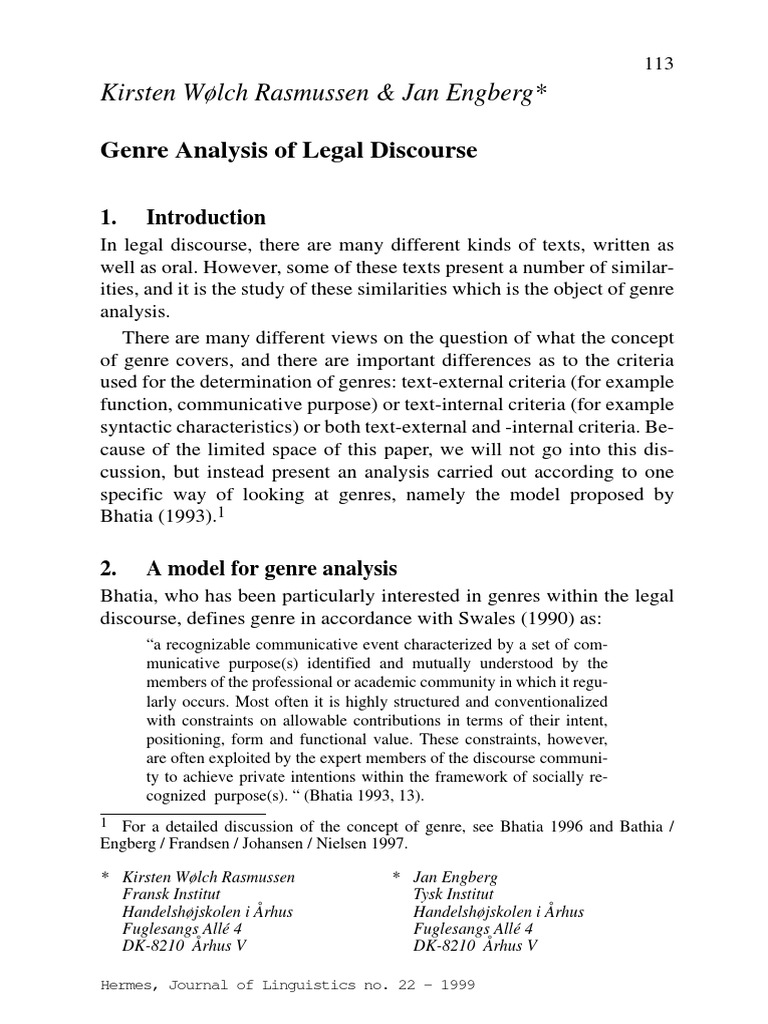 Genre Analysis of Legal Discourse: Kirsten Wølch Rasmussen & Jan ...