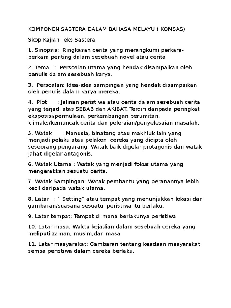 Komponen Sastera Dalam Bahasa Melayu | PDF