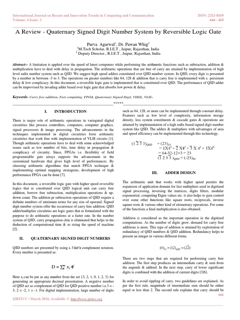 A Review Quaternary Signed Digit Number System By Reversible Logic Gate Pdf Field