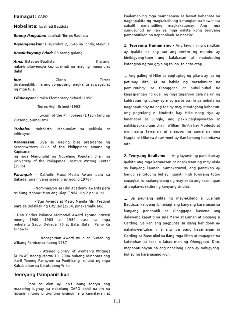 Pagsusuri NG Nobela Gapo Ni Lualhati Bautista | PDF
