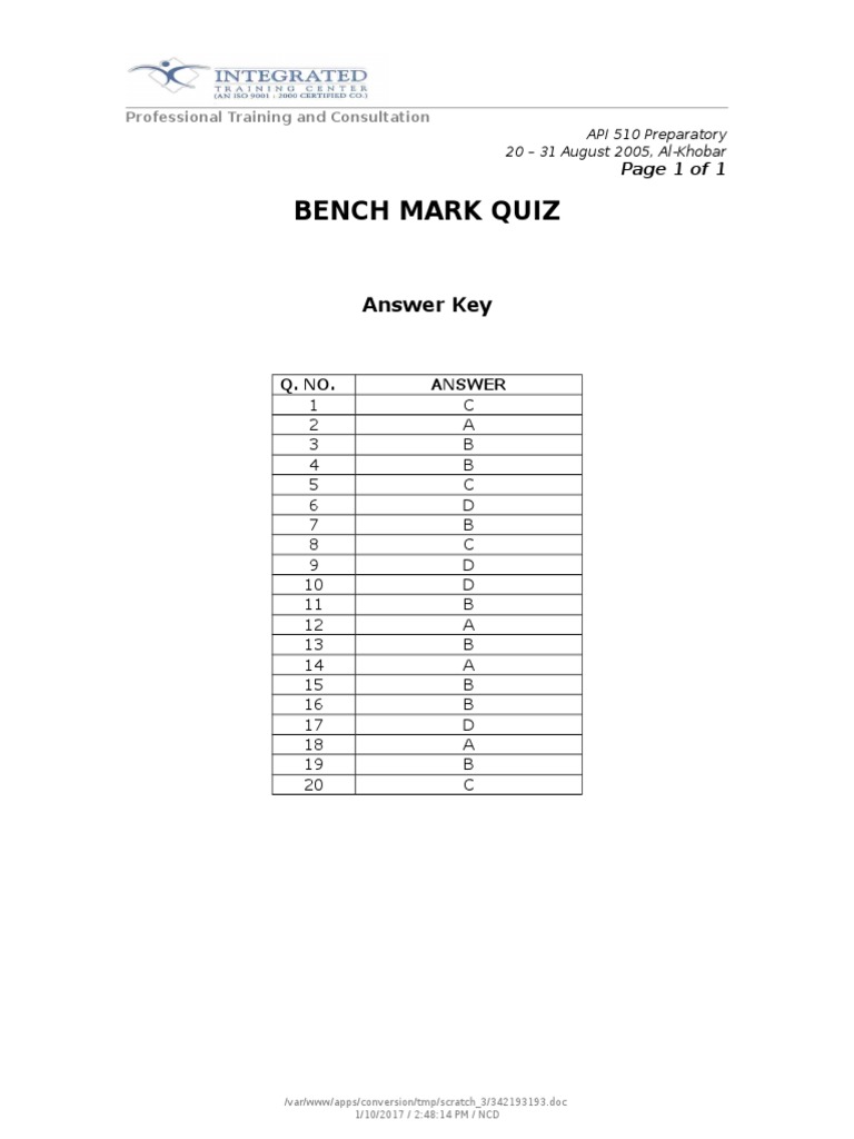 Bench Mark Quiz: Answer Key | PDF