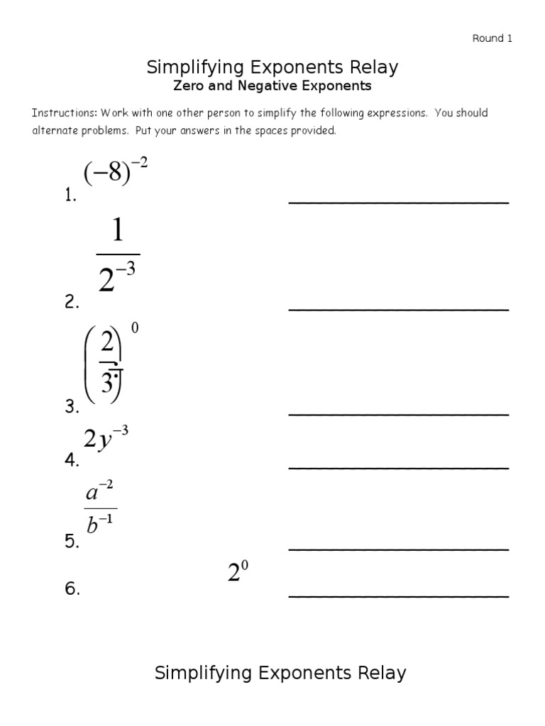 Simplifying Exponents Relay | PDF