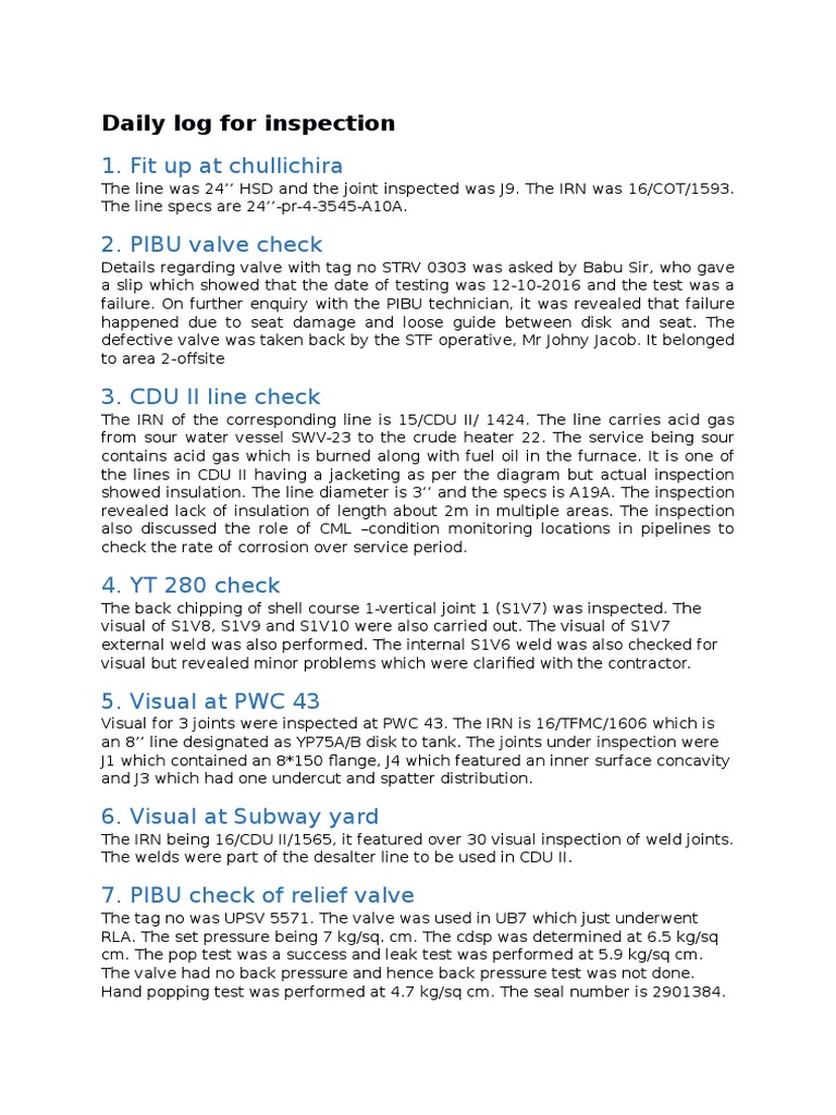 Daily Pipeline Inspection Log Detailing Visual Checks of Welds, Valves ...
