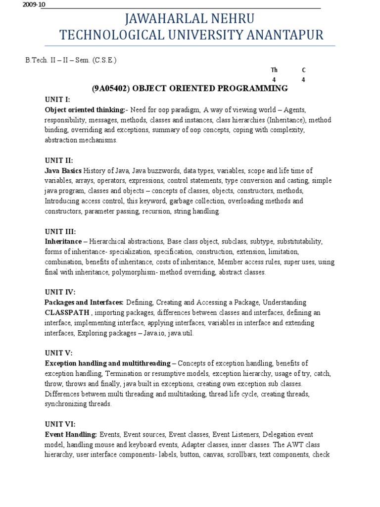 Jawaharlal Nehru Technological University Anantapur: (9A05402) Object Oriented Programming | PDF ...