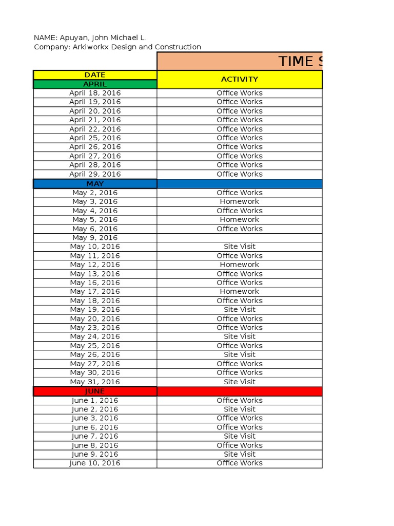 Time Sheet: Date Activity April | PDF