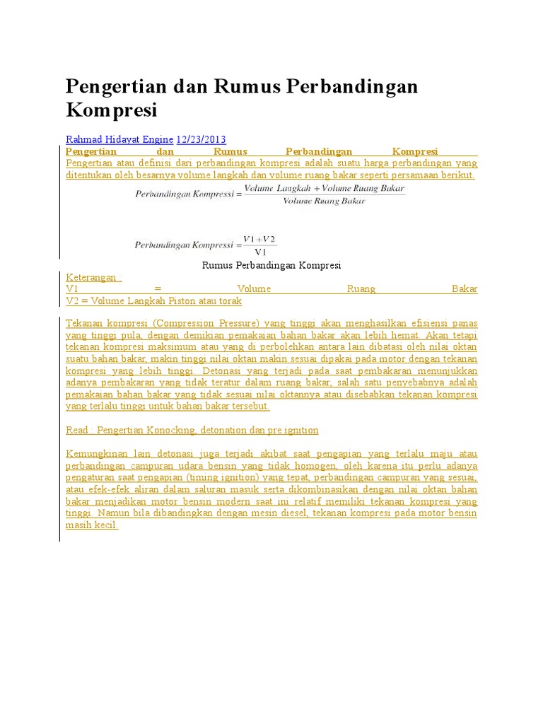 Pengertian Dan Rumus Perbandingan Kompresi | PDF