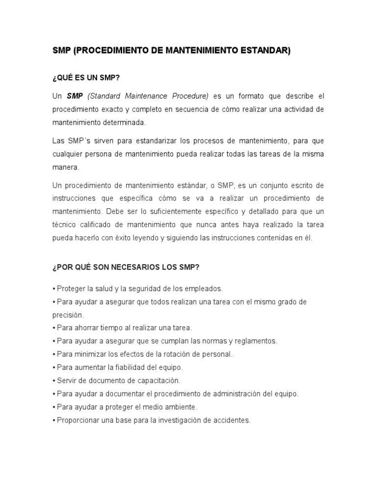 SMP (Standard Maintenance Procedure) | PDF | Lectura (proceso ...