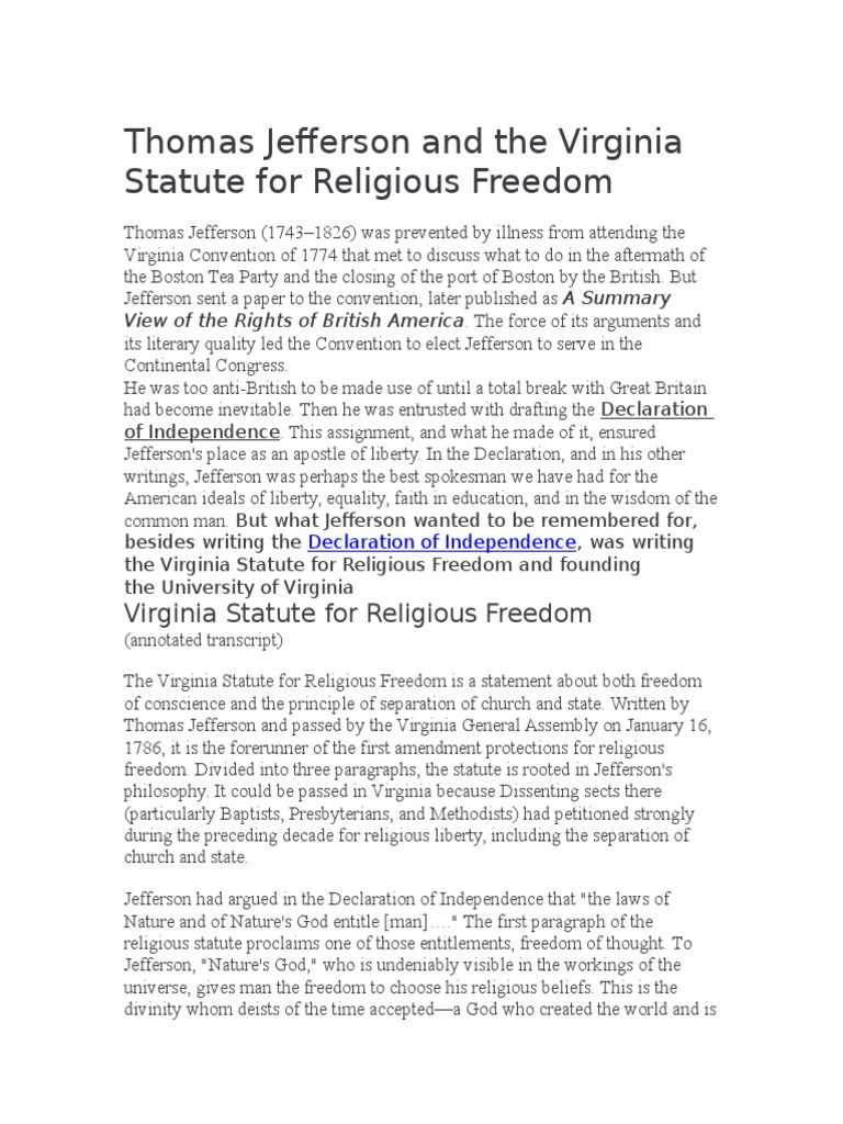 Jefferson's Virginia Statute Overview | PDF | Thomas Jefferson ...