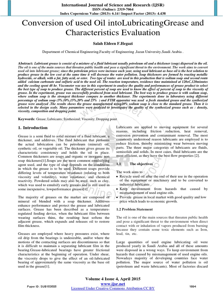 Conversion of Used Oil Intolubricatinggrease and Characteristics ...