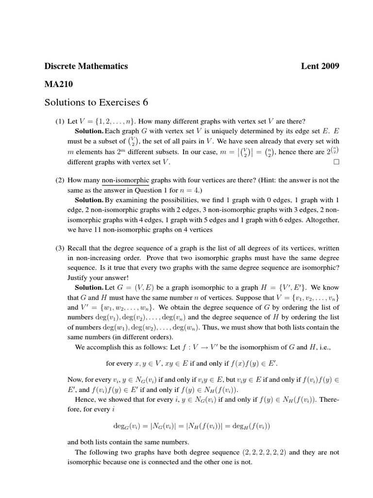 Solutions To Exercises 6: Discrete Mathematics Lent 2009 MA210 | PDF | Vertex (Graph Theory ...