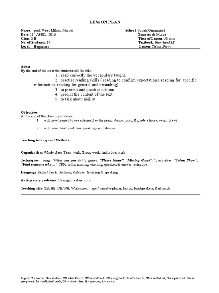 Talent Show Lesson Plan for Beginners | PDF