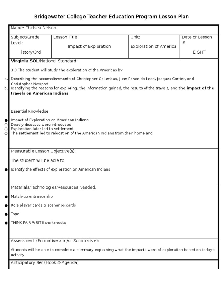 Bridgewater College Teacher Education Program Lesson Plan: Virginia SOL ...